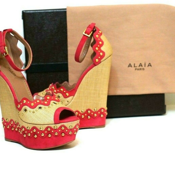 Alaia | Shoes | Alaia Beige Studded Pink Suede Platform Wedges | Poshmark